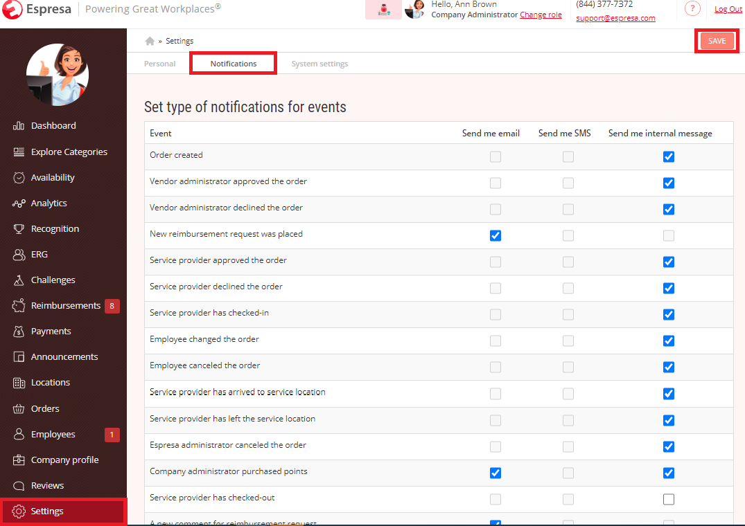 How to change Company Admin notification settings? – Espresa
