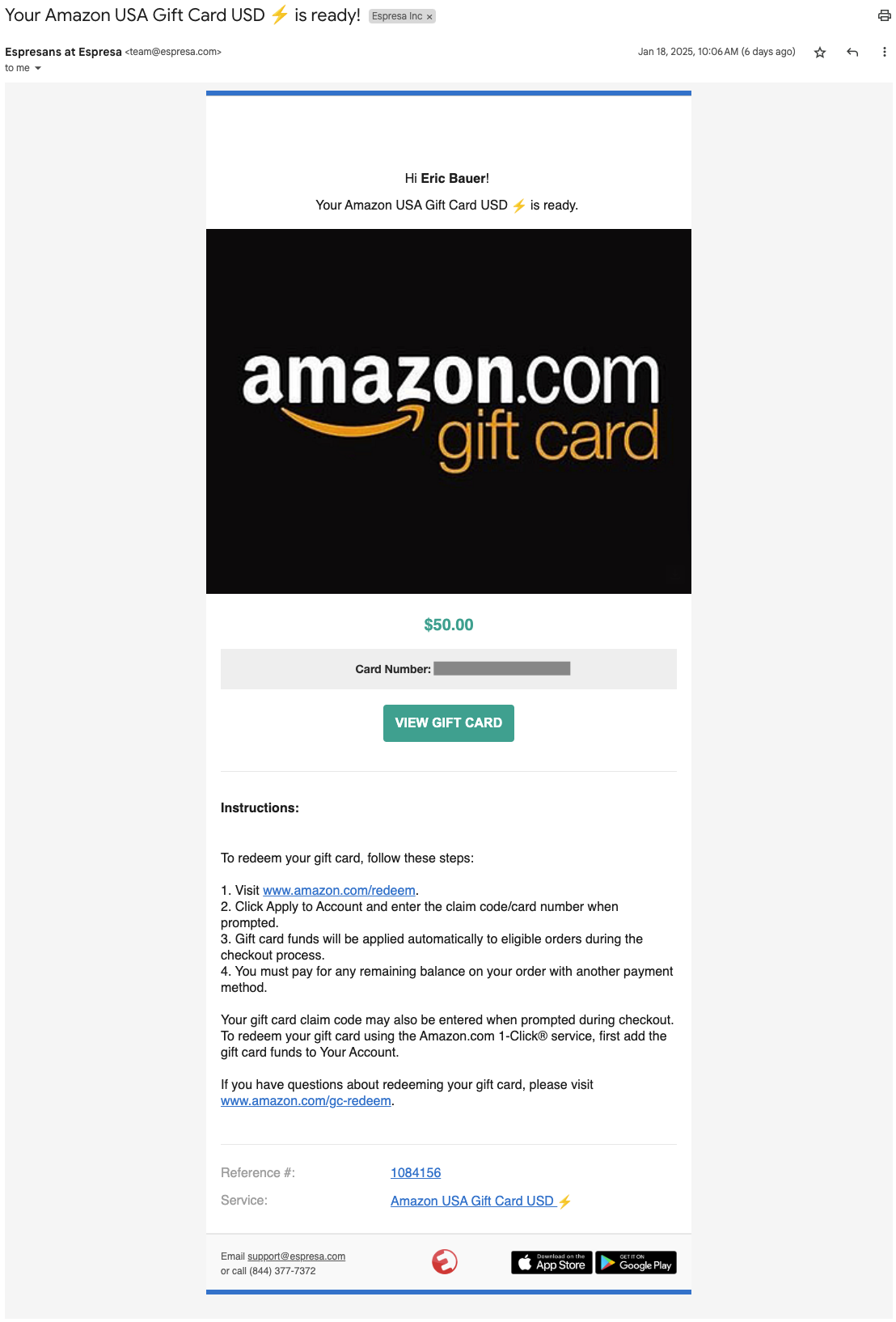 Where is my order/gift card redemption info? – Espresa