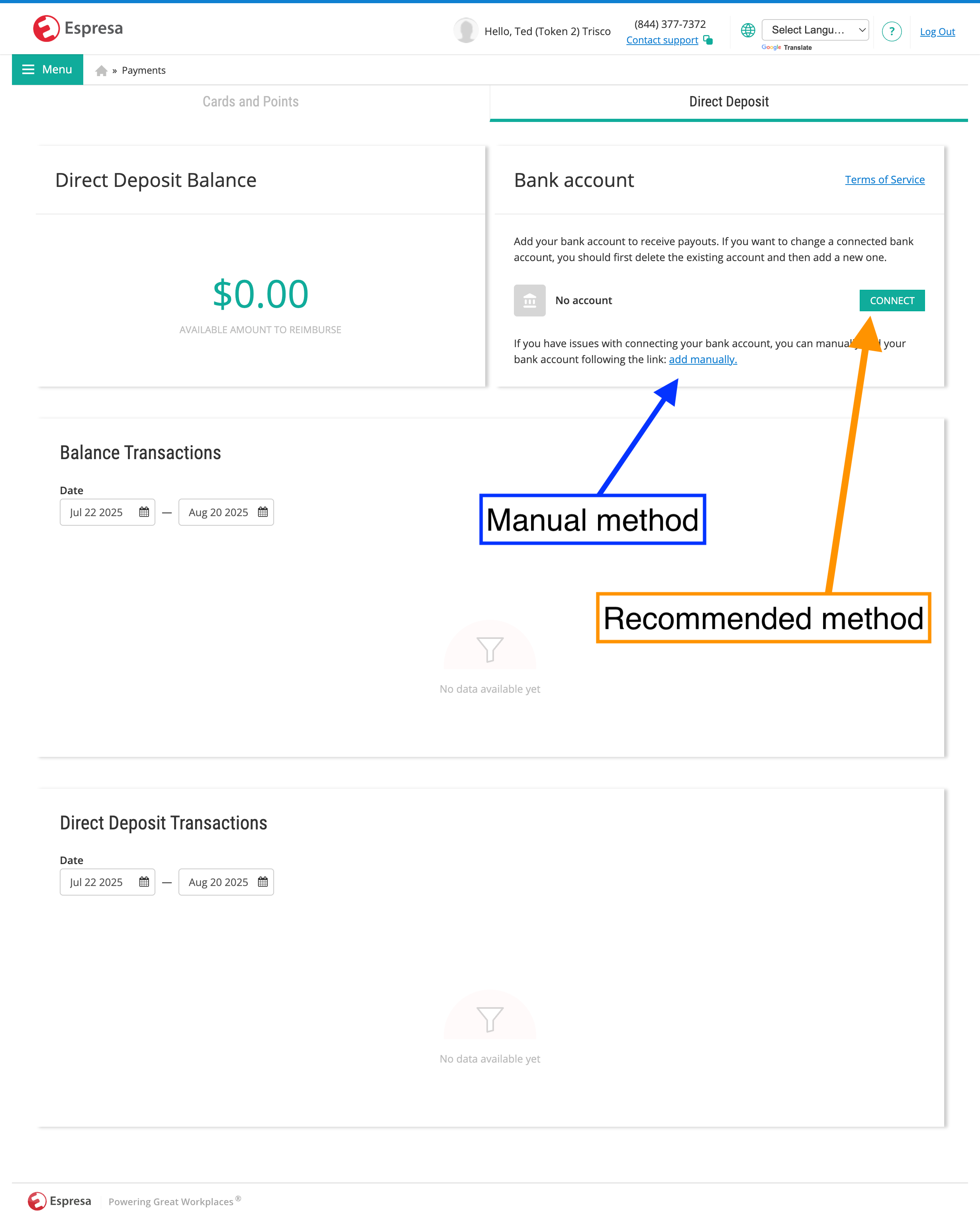 How do I add my bank account to Espresa for direct deposit ...